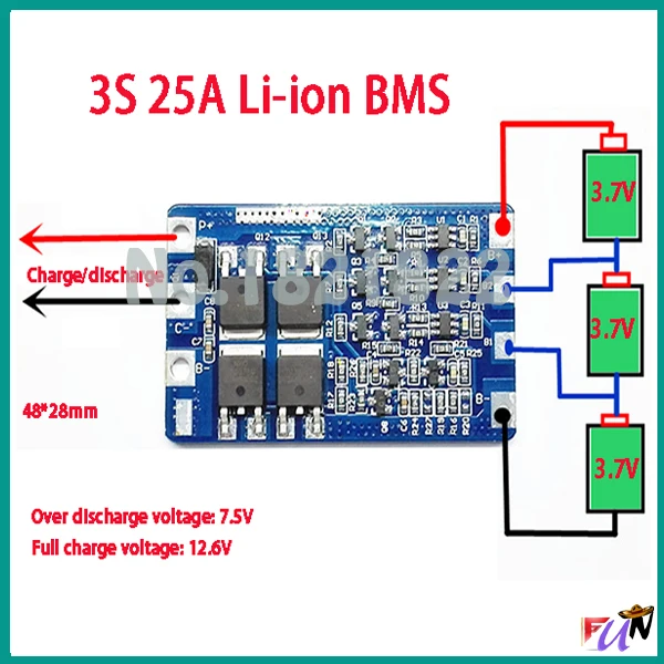 3วินาที25Aยอด11.1โวลต์li ion DIY BMS PCMคณะกรรมการป้องกันแบตเตอรี่bms ...