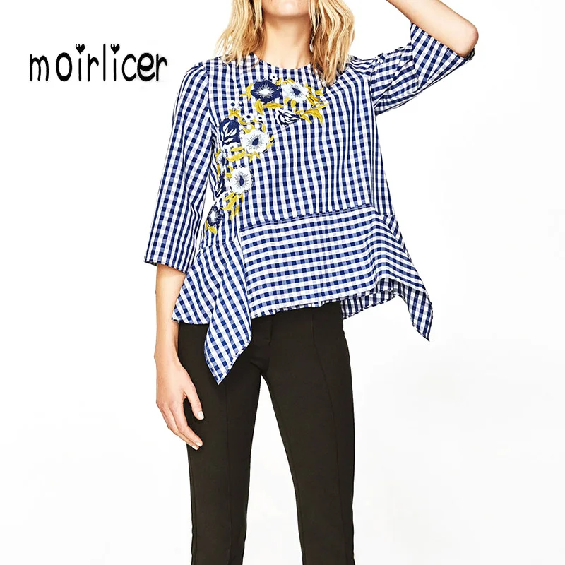 Moirlicer Elegant beading floral embroidery plaid shirts checked o neck ...