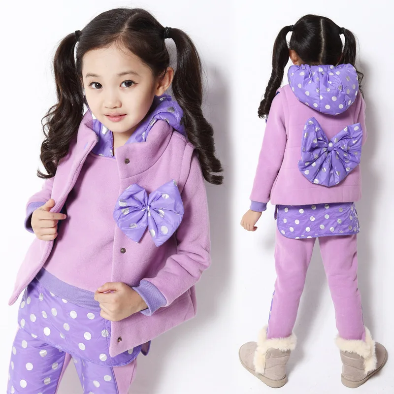 Free shipping winter girl clothing set splicing dot bowknot adornment ...