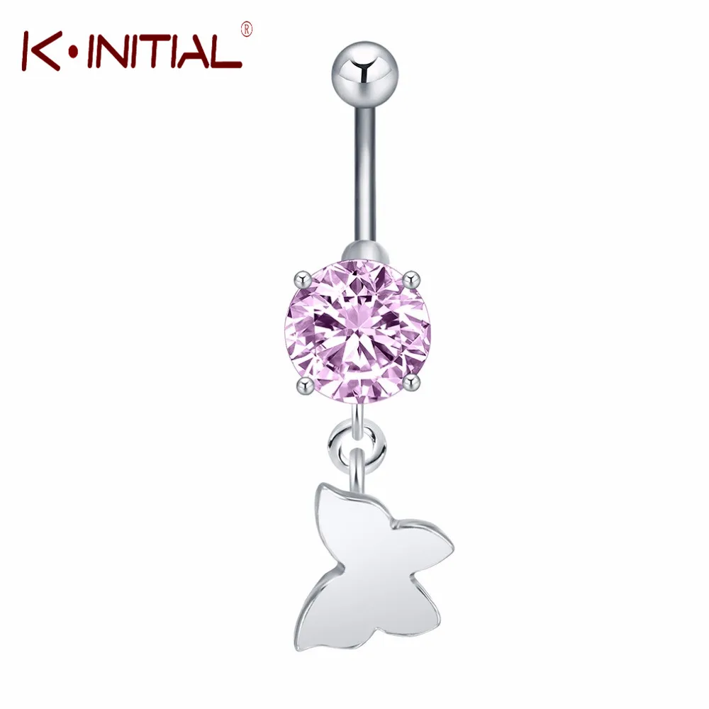 Kinitial Pink Zircon Navel Ring Cute Butterfly Dangle Pendant Ball Button Barbell Belly Body ...