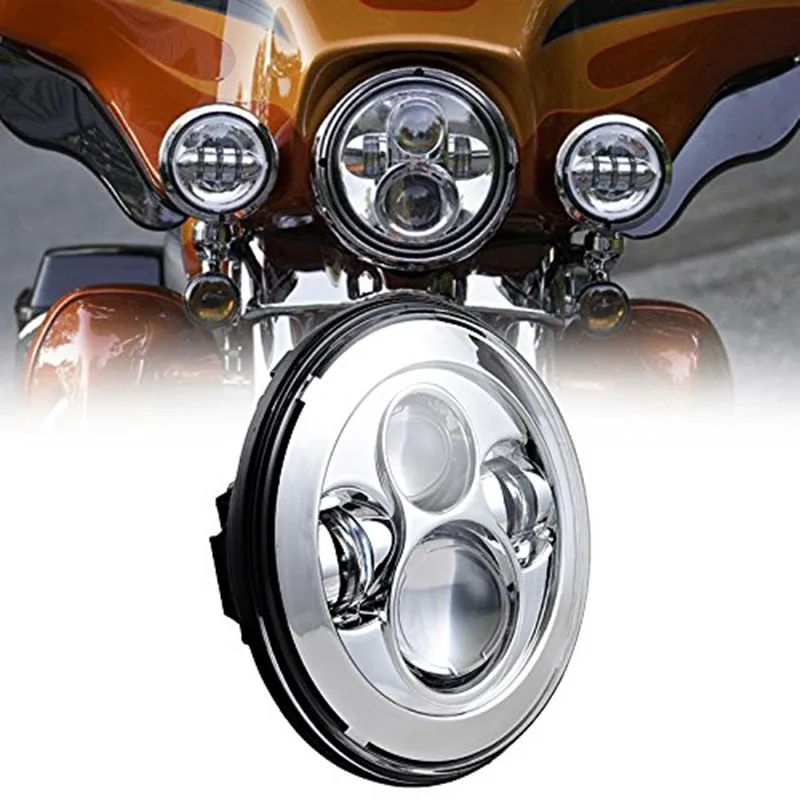 Black / Chrome Round 7 inch led motorcycle headlight for motorcycle ...