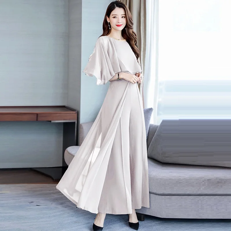 2 Piece Set Women Long Sleeve Cape Blouse And Wide Leg Pants Suits 2019