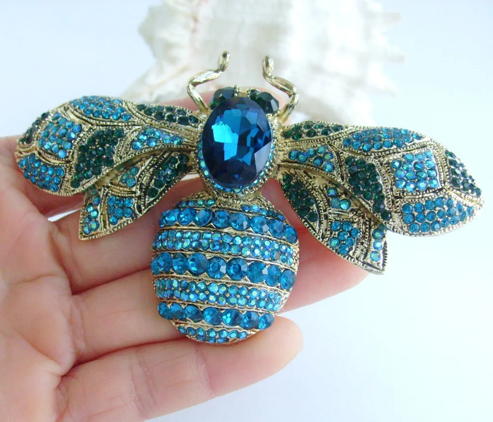 Charming 3.94" Blue Rhinestone Crystal Honeybee Bee Brooch Pin Pendant ...