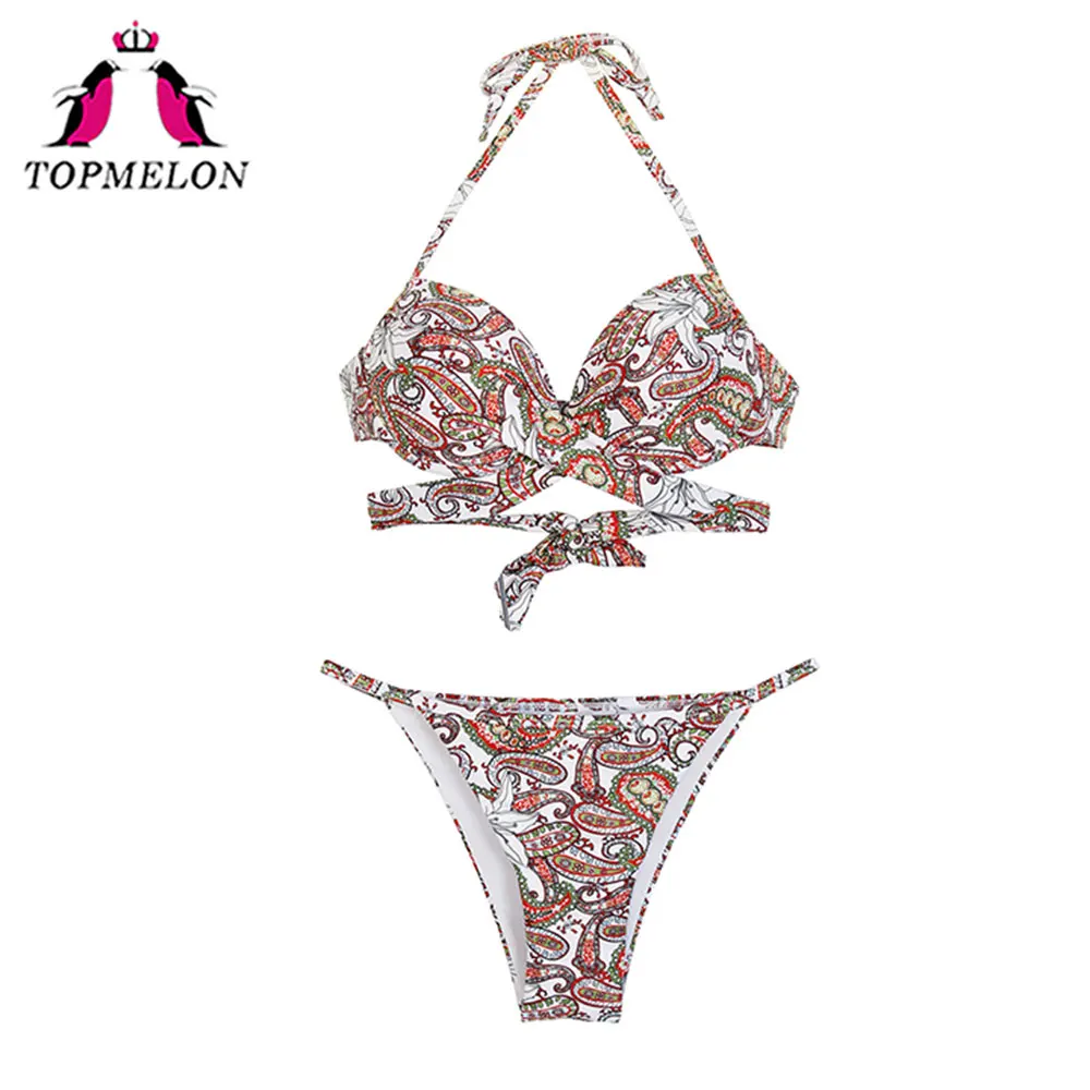 Topmelon Bikini Set Women Swimwear Halter Print Floral Push Up Sexy