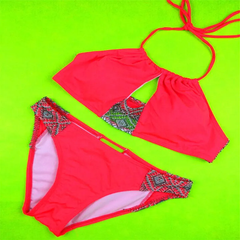 2018 New Women's Print Padded Push up Bra Bikini Set Red Halter ...