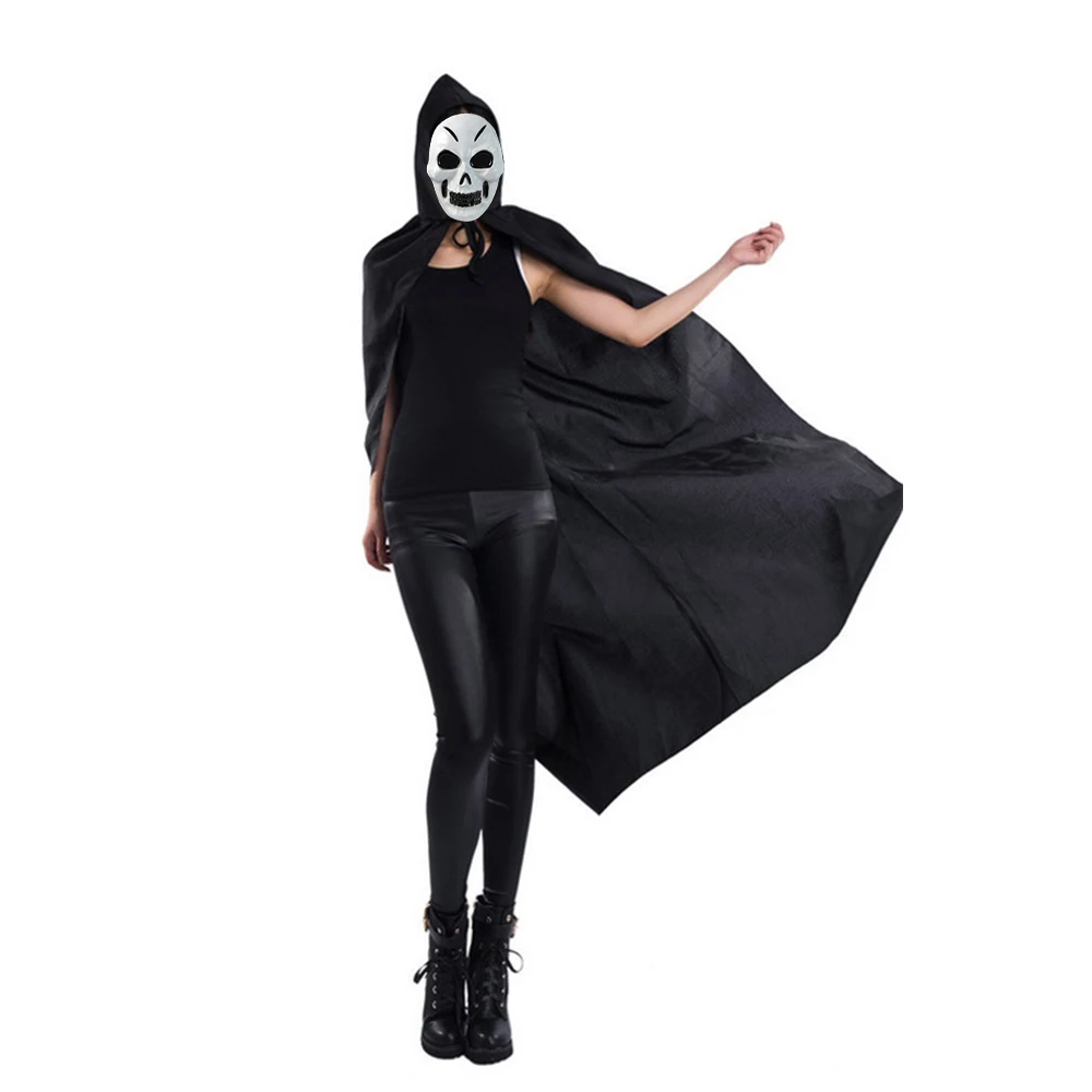 Halloween Costume Black Death Cloak Cosplay Demon Hooded Black Cape ...