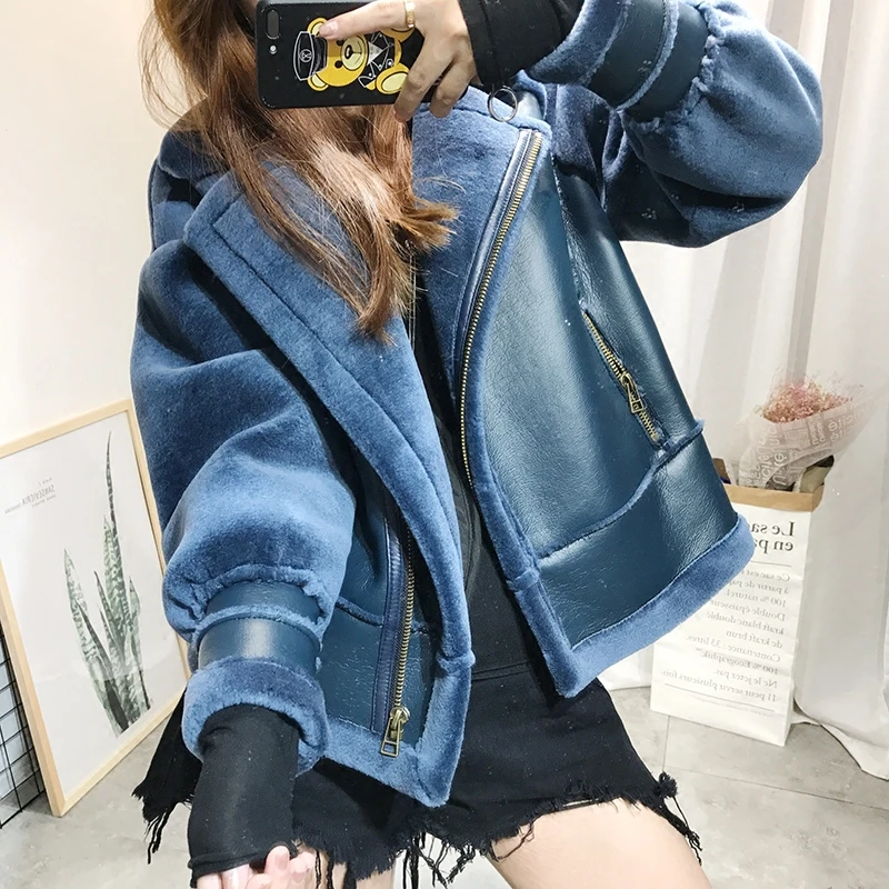Leather Fluffy Wool Coat Women Short Furry Fake Fur Coat Winter Outerwear Blue Coat Casual Party