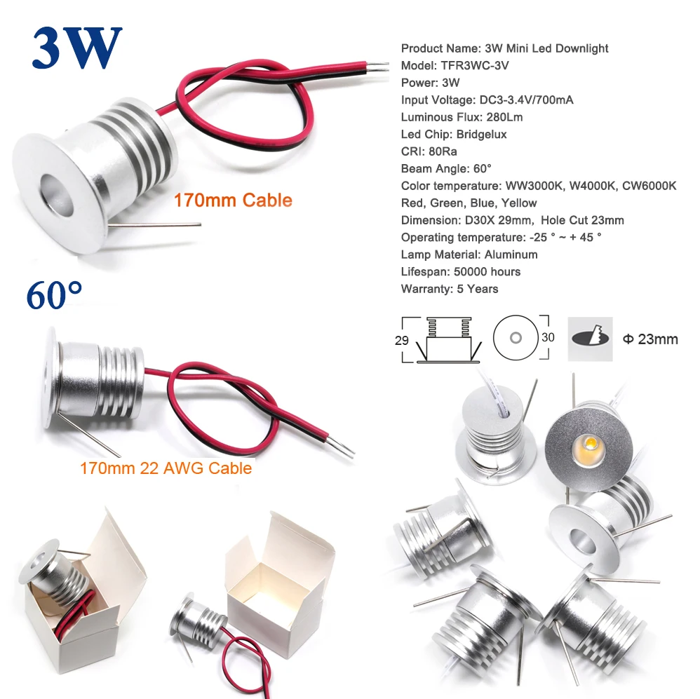 3W Mini Led Spotlight DC 3V 12V 24V AC100 240V 3Watts Ceiling Lighting ...