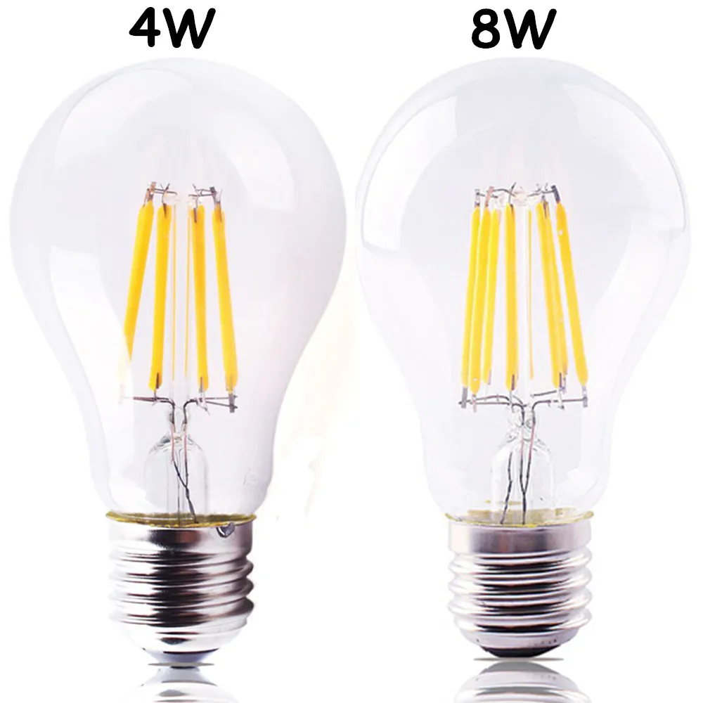 LED A60 110V 220V 4W 8W E27 Base LED Glass Filament Bulb Light Edison ...