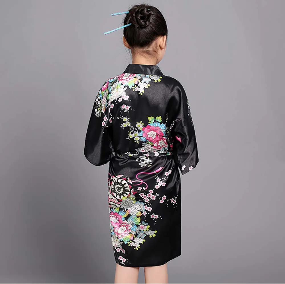 Kids Satin Kimono Robe Short Floral Print Bathrobe Japanese Asian ...