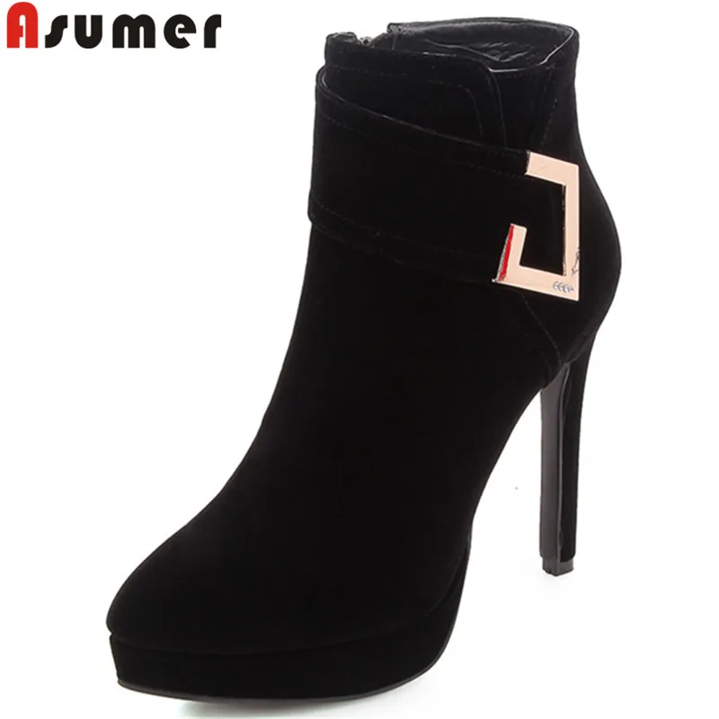 Asumer 검은 색 빨간색 패션 가을 겨울 부츠 지적 발가락 지퍼 무리 발목 부츠 여성을위한 얇은 하이힐 숙녀 부츠 큰 크기