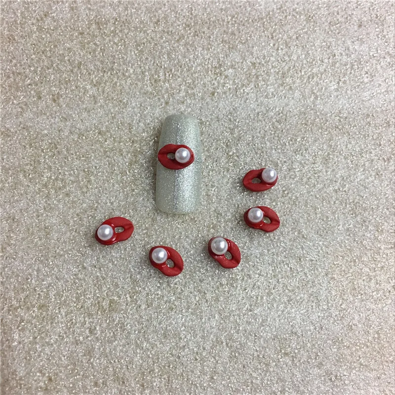 10 Pcs bag Red Mouth 3D Manicure Pearl Silver Alloy Jewelry Nail Art