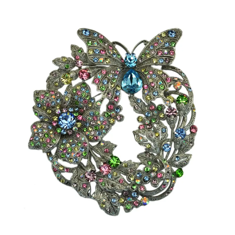 Vintage Style Big Flower Butterfly Brooch Pin Pendant Black Crystasls ...