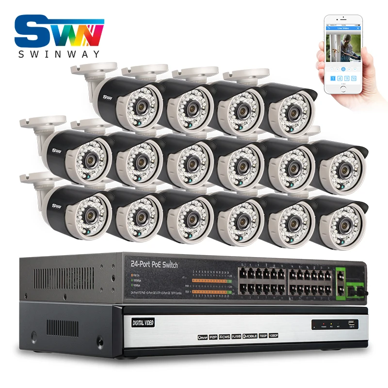 SW 16CH NVR 24CH POE Switch Security Camera System&1080P HD Outdoor ...