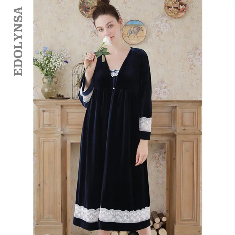 Elegant Robe Gown Sets Autumn Women Sleepwear Peignoir Sets Dark Blue ...