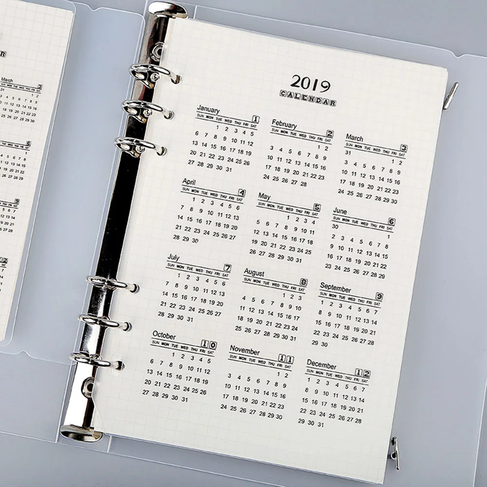 1 Sheets 2019 Calendar 6 Holes A5 A6 Handbook Loose leaf Notebook Month ...