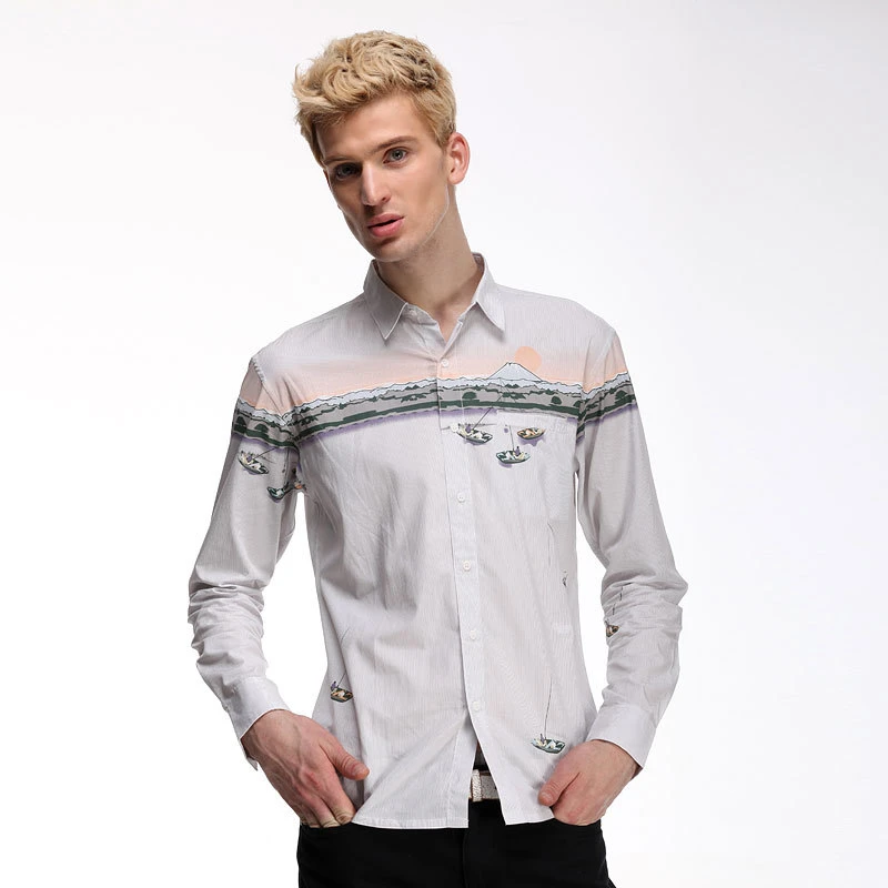 Cabbeen cabbeen pattern print men's long-sleeve slim casual shirt b ...