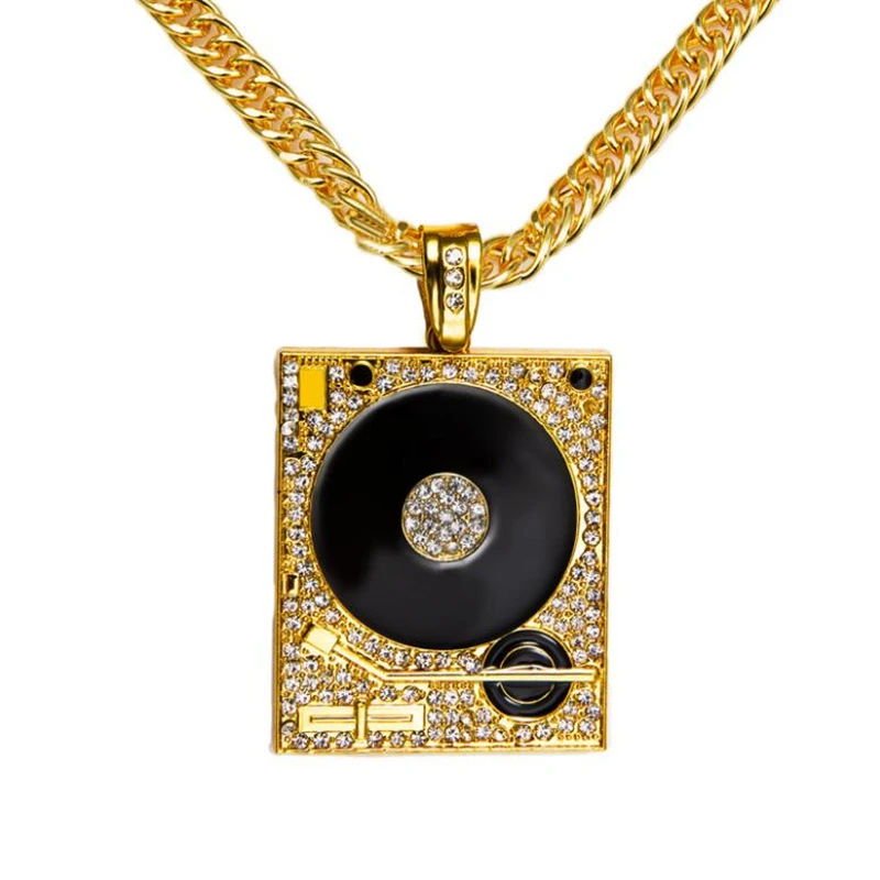 DJ Phonograph Big Pendant Necklace Men Jewelry Hiphop Curb Chain Gold ...
