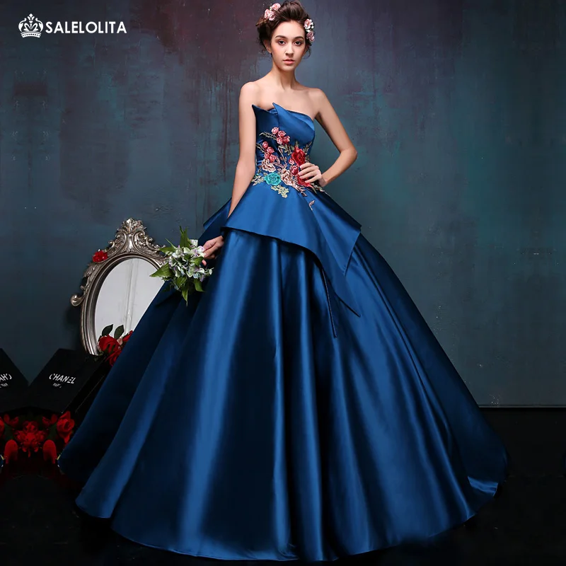 Classic Royal Blue Palace Satins Long Dresses Robe Stage Performance ...