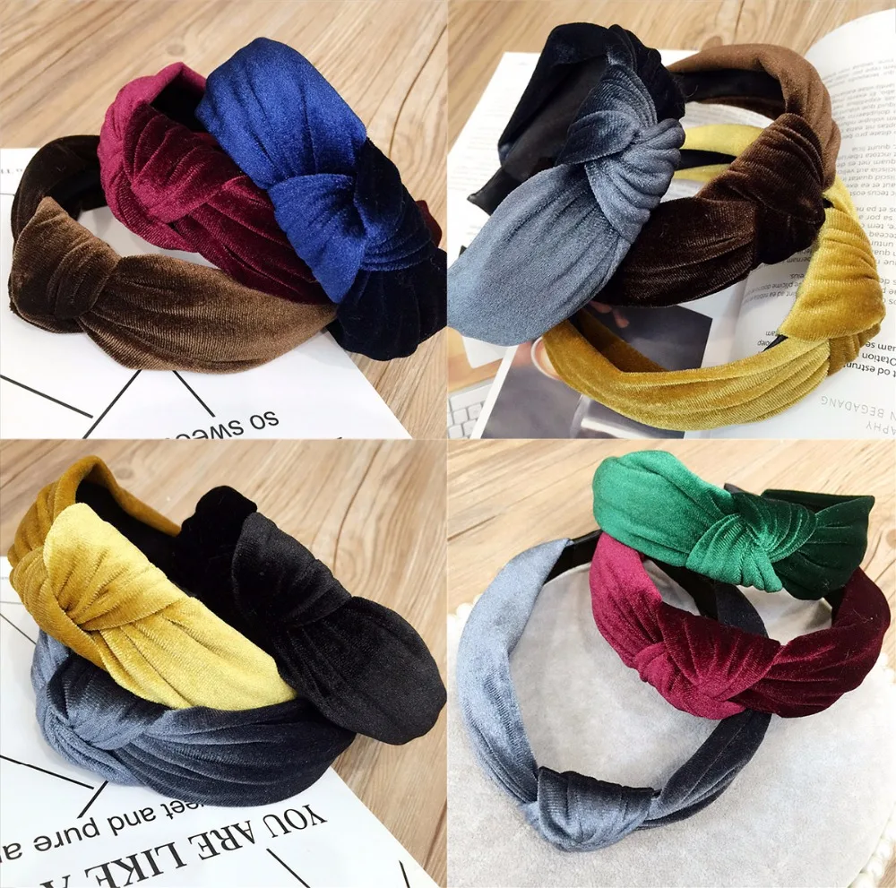 6pcs Big Velvet Bows Fabric Covered Plastic Hair Headbands Knotted