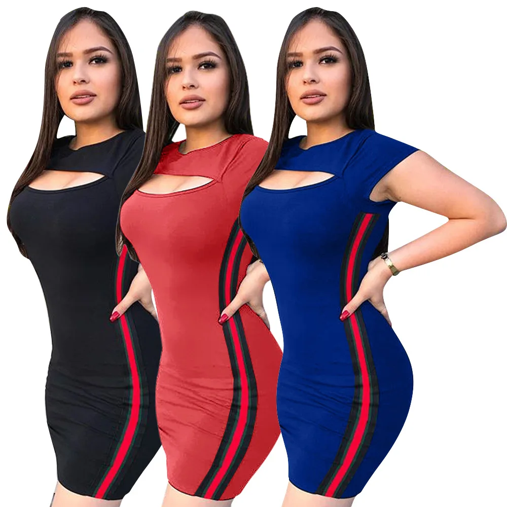 Women Sexy Open Chest Dress Front Bandage Bodycon Dresses Side Stripe ...