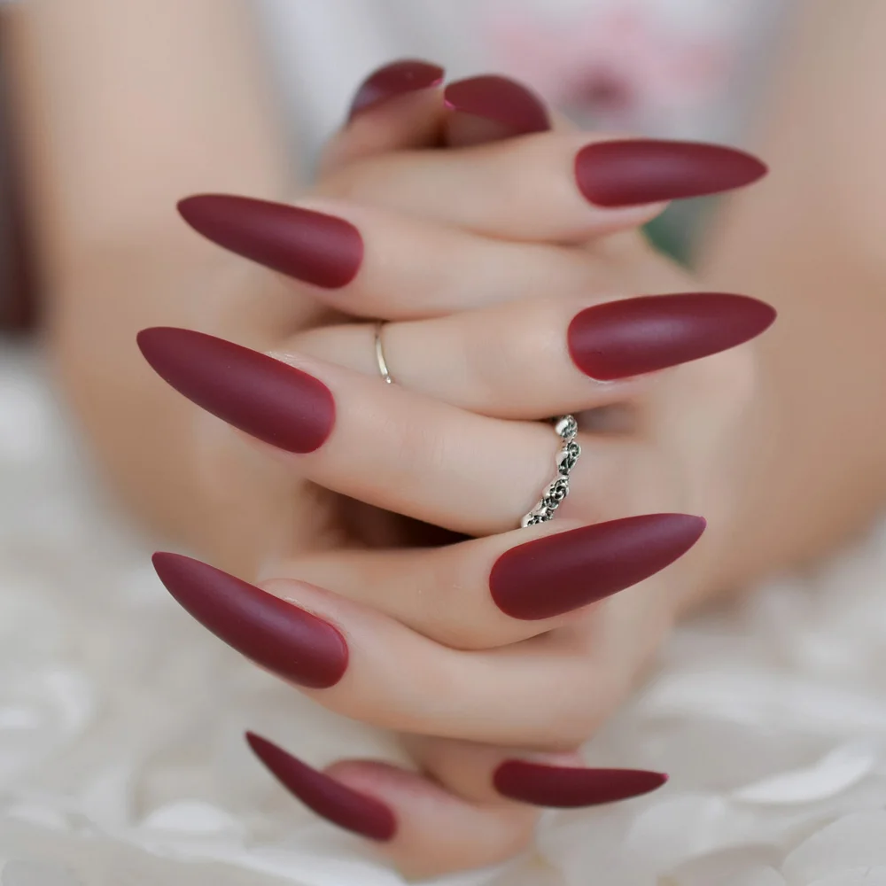 24pcs Long Matte False Nail Pointed Wine Red Stiletto Fake Nails Full