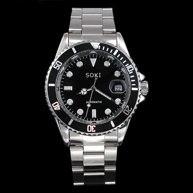 SOKI Automatic Black Analog Date Mens Mechanical Wrist Stainless Steel ...