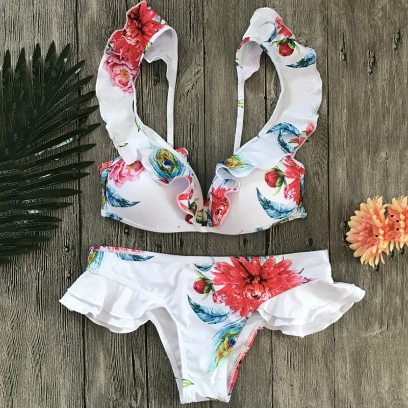 2019 Sexy Lovely Girl Floral Ruffled Biquini Swim Wear Bathing Suit