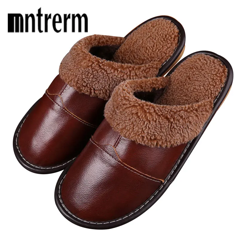 Mntrerm Men's Slippers Winter Genuine Leather Thick With Plush Home ...