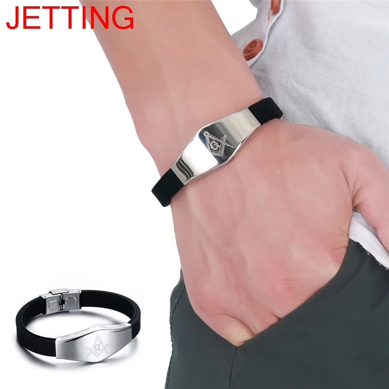 21cm Wristband Masonic Bracelet Black Silicone For Men Stainless Steel ...