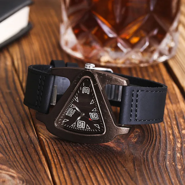 Wooden Triangular Wristwatch With Genuine Leather Band - Queerks™