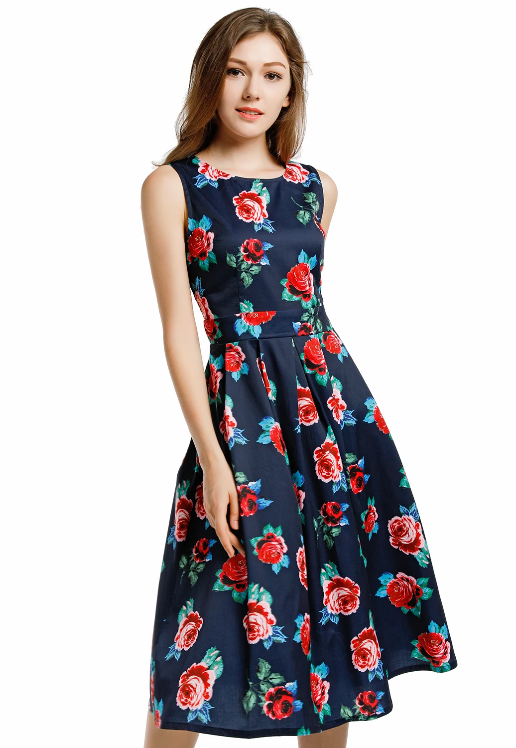 Floral Print Women Summer Dress Vintage O Neck Sleeveless Dress Party