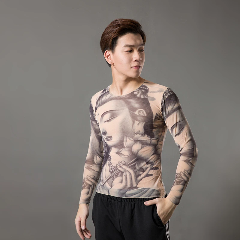 2019 Fashion Men's Fake Tattoo T-shirts Long Sleeve Elastic Modal Thin ...