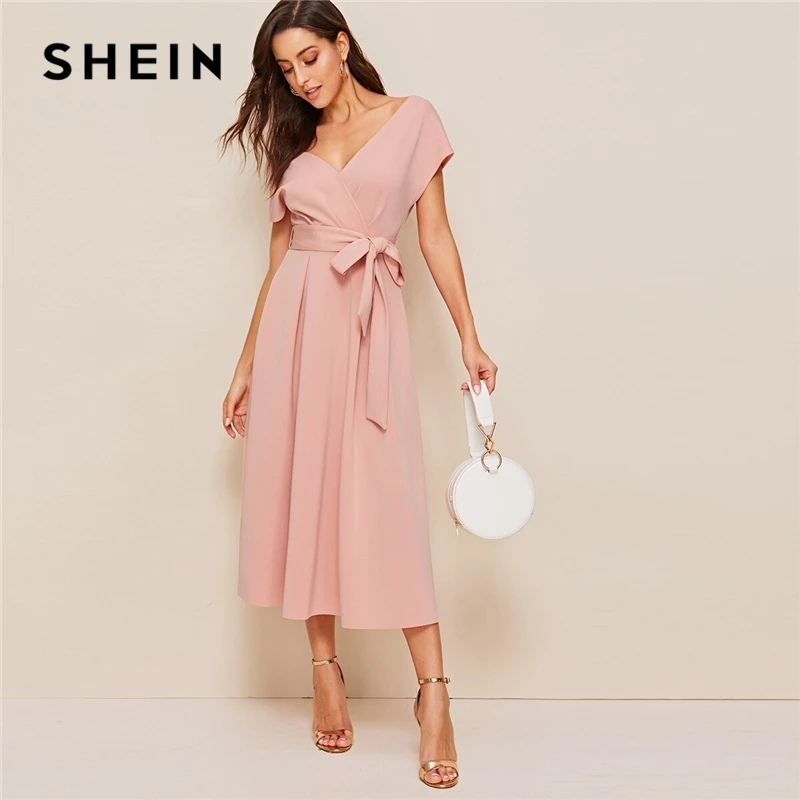 Shein Zipper Back Surplice Neck Belted Flare Dress Elegant Women Summer