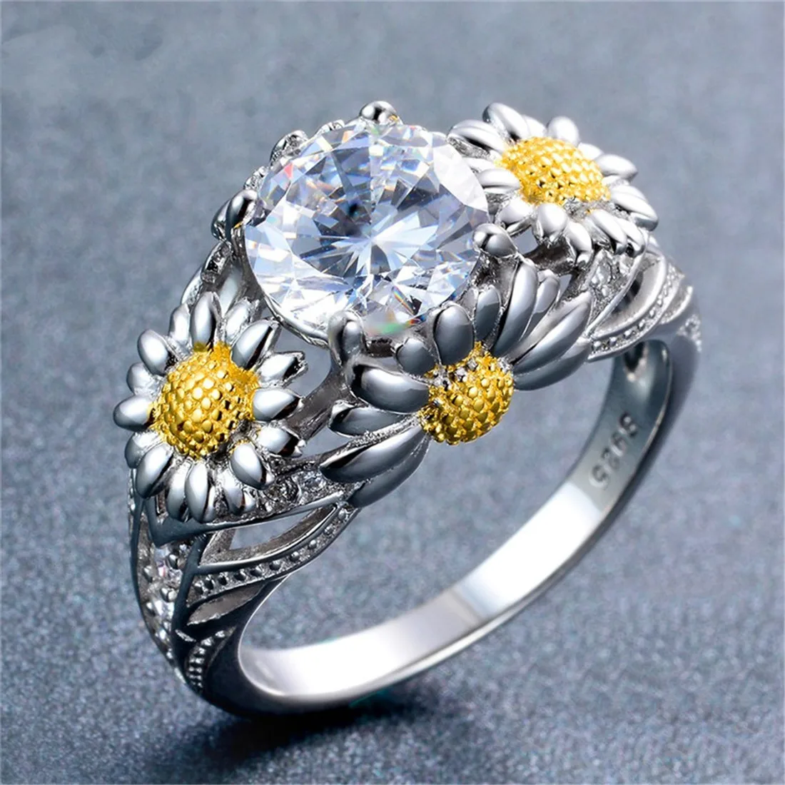 Big Sunflower Crystal Zircon Stone Ring for Women Silver Fashion Party ...