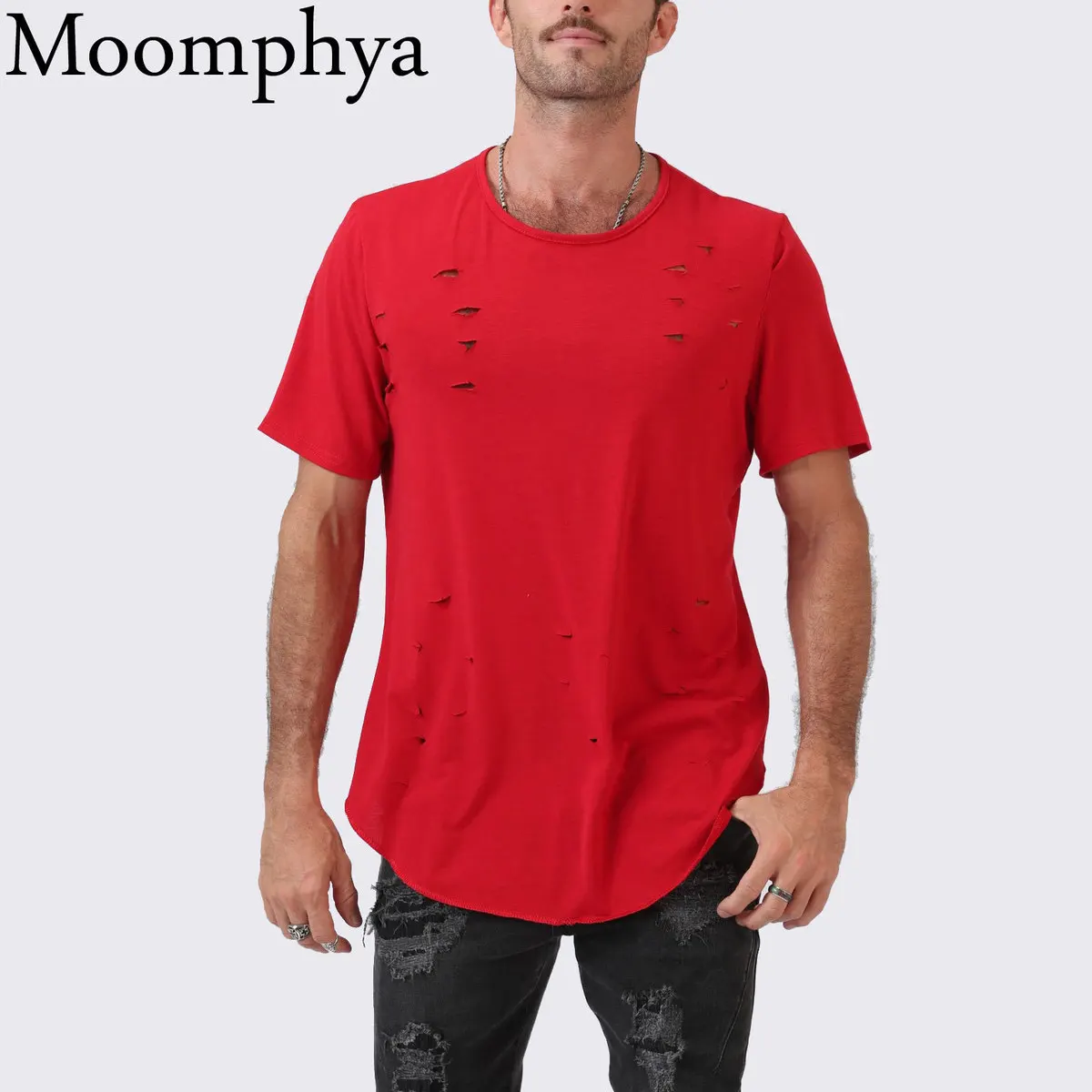 Moomphya Ripped holes men t shirt Longline curve hem t shirt men Summer ...