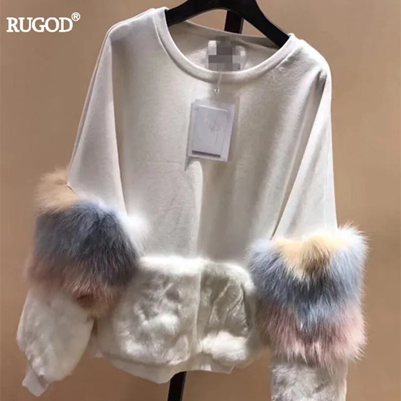 RUGOD New Real Fox Fur Pullover Women Fashion Patchwork Furry Sleeve ...