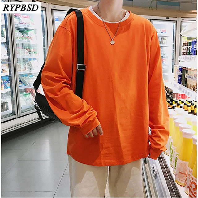 Solid Color Korean Fashion Oversize Men Tshirt O Neck Casual Long