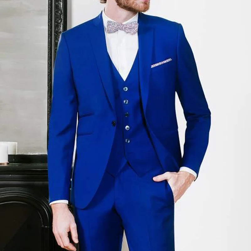 Royal Blue Three Piece Groom Wedding Tuxedos Notched Lapel One Button