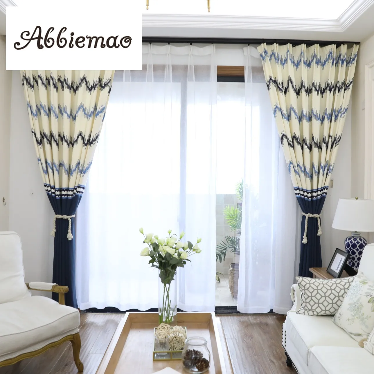 Abbiemao Modern Style Strip Embroidered Stitching Curtain High Shade ...