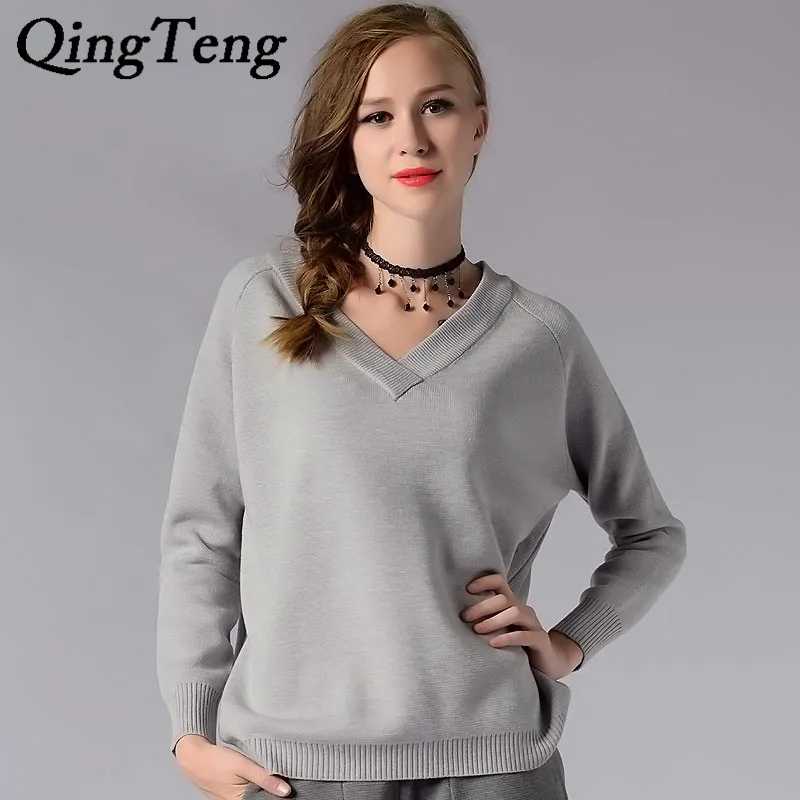 QingTeng Inverno Pullover Sweater Mulheres Manga Comprida V Neck Jumper ...