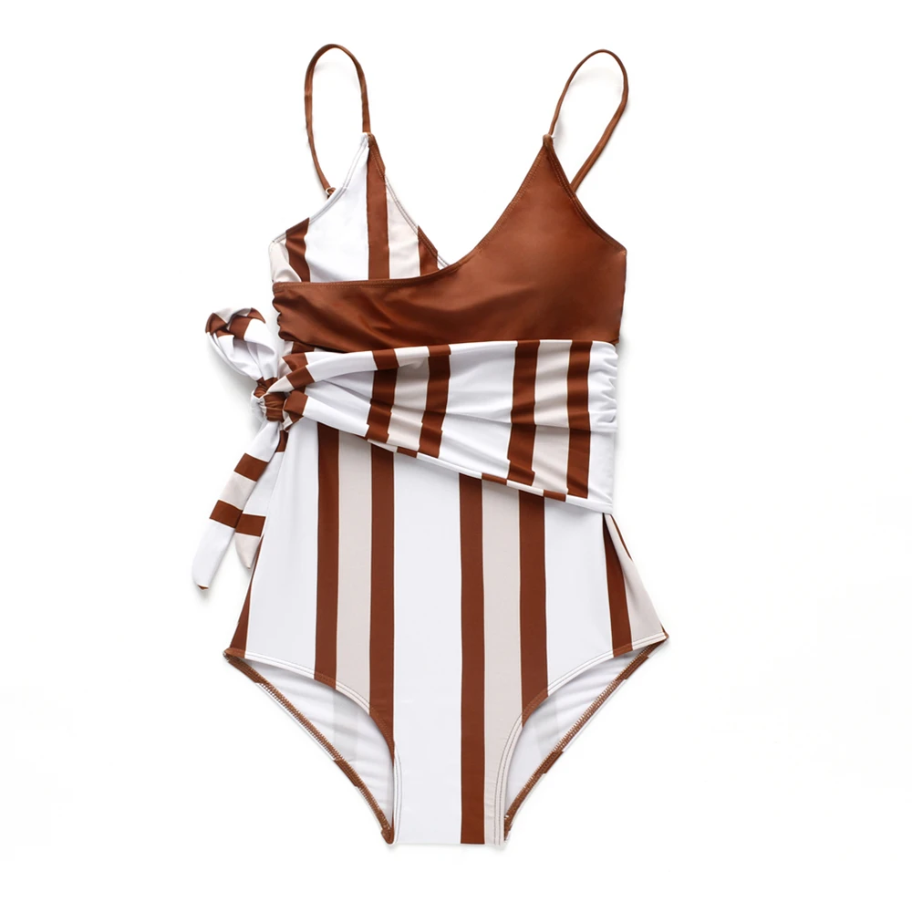Striped Wrap Swimsuit One Piece Two Tone Womens Swimsuit Bandage High Cut Bathing Suit Female