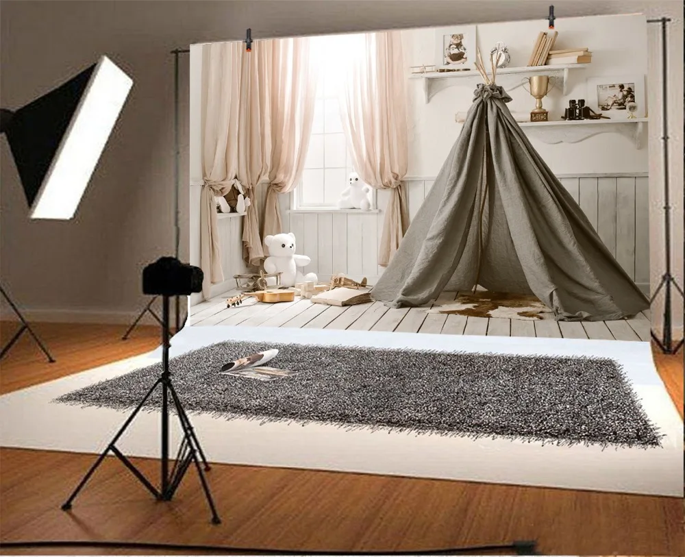 Laeacco Gray Boudoir Tent Wigwam Wooden Flooring Teddy Bear Curtain ...