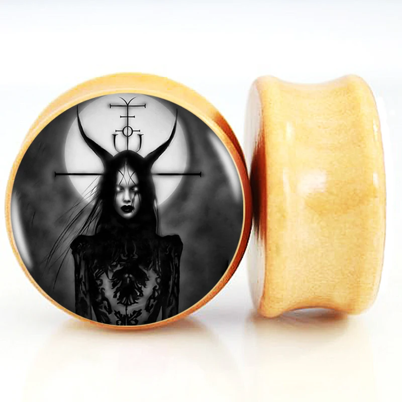 2pcs/Lot Baphomet Girl Evil Goat Wood Ear Plugs and Tunnels Ear Gauges ...