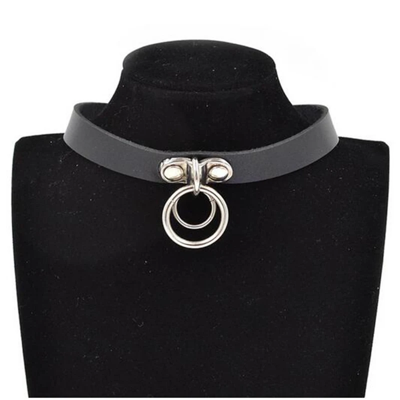 Gothic Punk Style Double Ring Pendant Snap Fastener PU Leather Choker ...