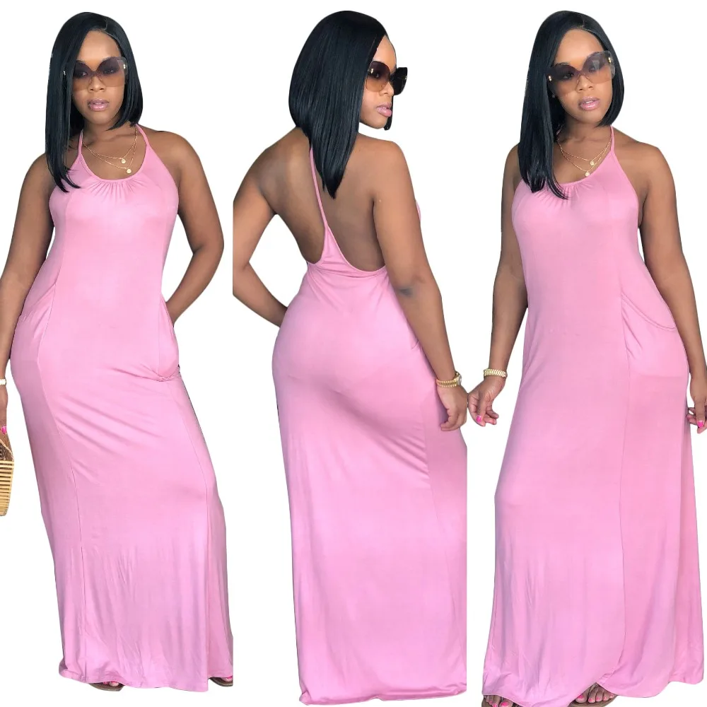 Rubys Closet Sexy Women Solid Maxi Dress Halter Backless Sleeveless Ladies Night Club Dresses