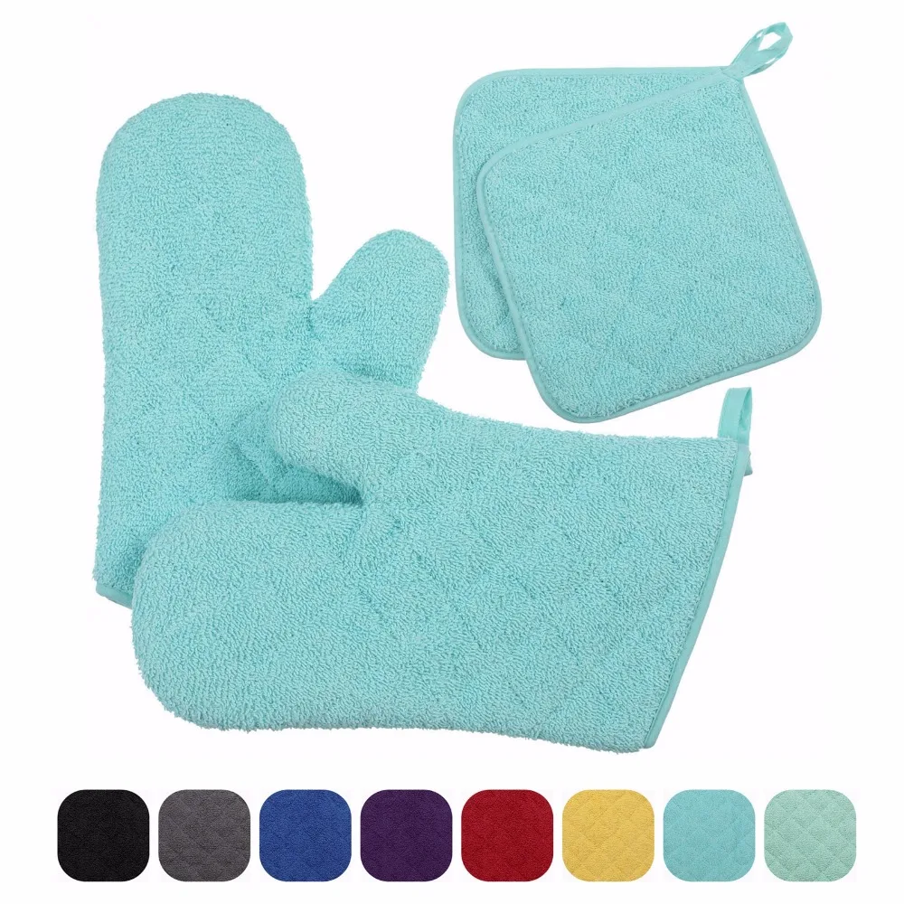 Terry Cotton Oven Mitts Pot Holder Set 4 Pack Kitchen Heat Resistant ...