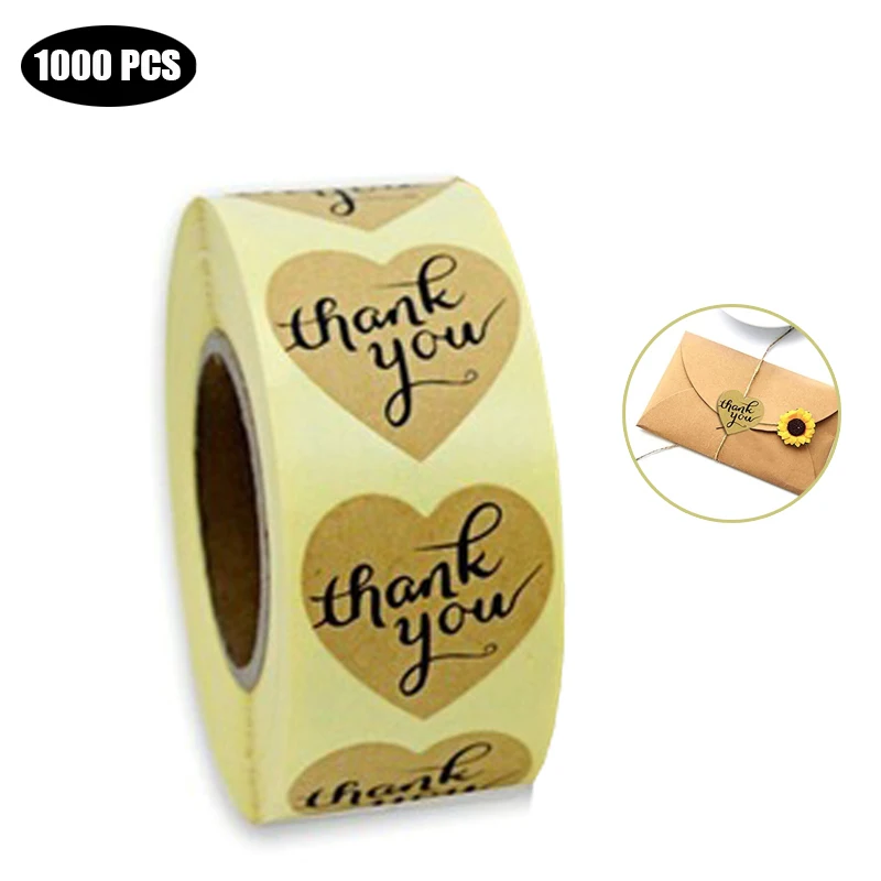 1000 Pcs 웨딩 장식 하트 모양의 감사 스티커 자기 접착제 크래프트 종이 인감 레이블 선물 포장 스티커파티 Diy 장식품