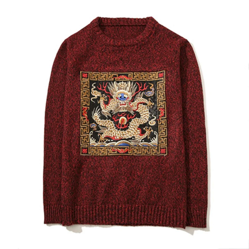 Chinese Dragon Pattern Sweater Men Autumn Winter Warm Knitted Long ...