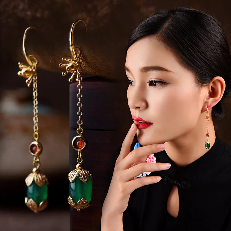 Buy New Elegant Dangle Earrings Women Red Stones Vintage Swing Earrings Long